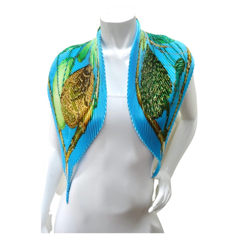 Hermes Plisse Pleated Turquoise Silk Scarf For Sale at 1stDibs
