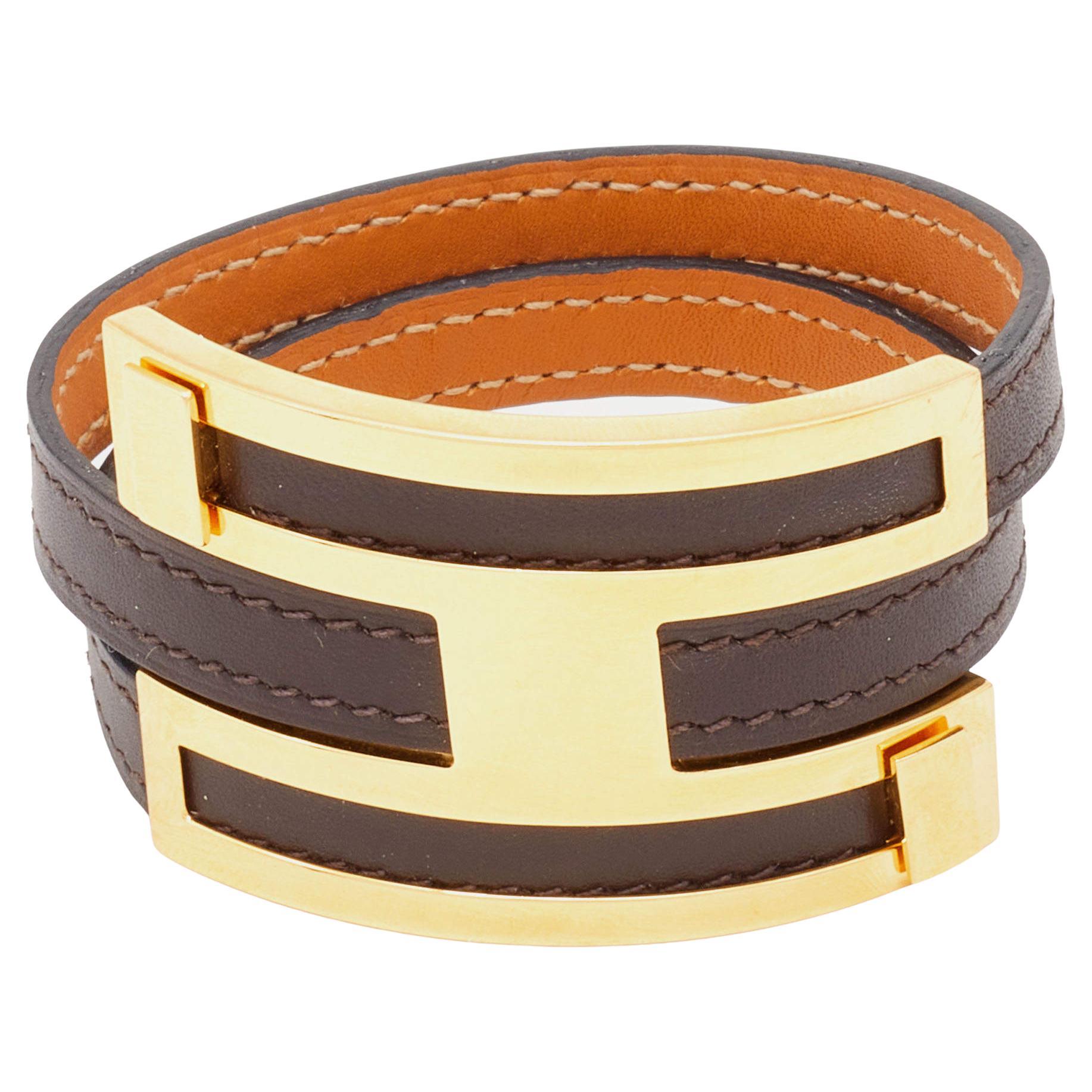Hermes Pousse Pousse Brown Leather Gold Plated Bracelet For Sale at 1stDibs