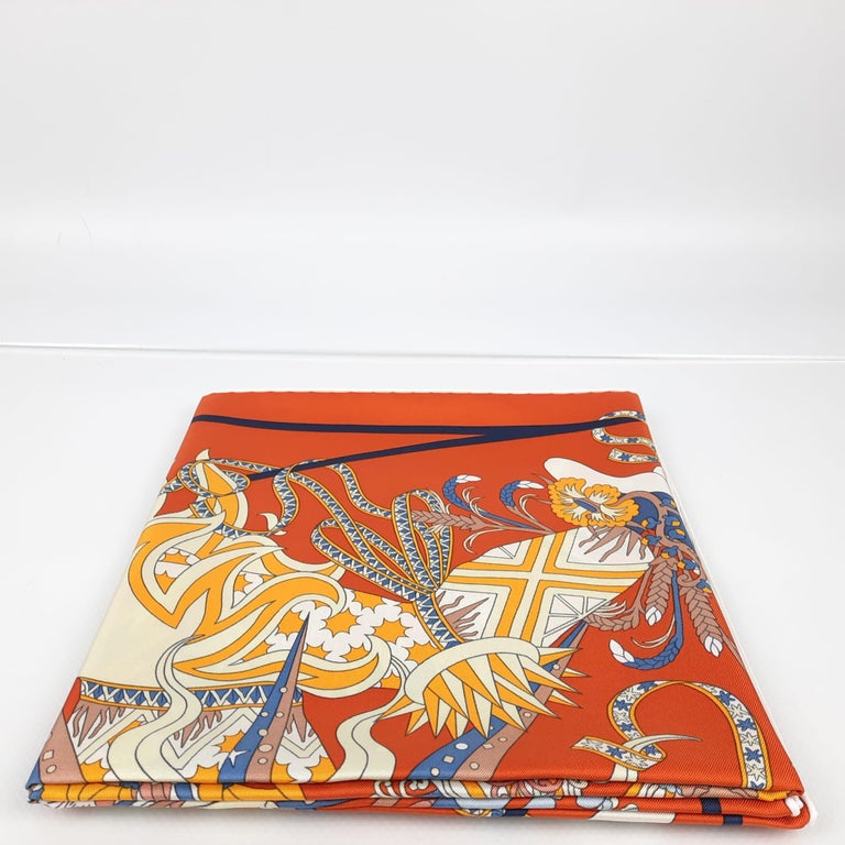 Hermes Pumpkin / Blue Gray / Sun Yellow Le Sacre des Saisons scarf 90 ...