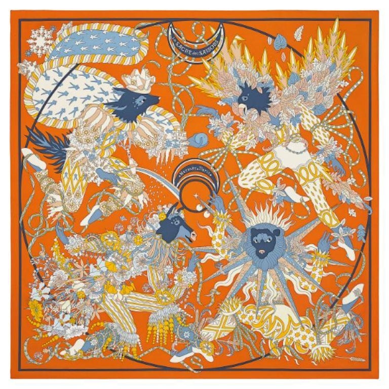 Hermes Pumpkin / Blue Gray / Sun Yellow Le Sacre des Saisons scarf 90 ...