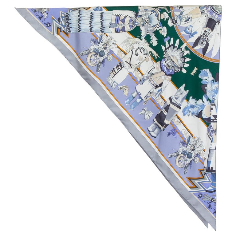 HERMES purple silk KACHINAS GIANT TRIANGLE TWILL Scarf Vert Mauve Gris ...