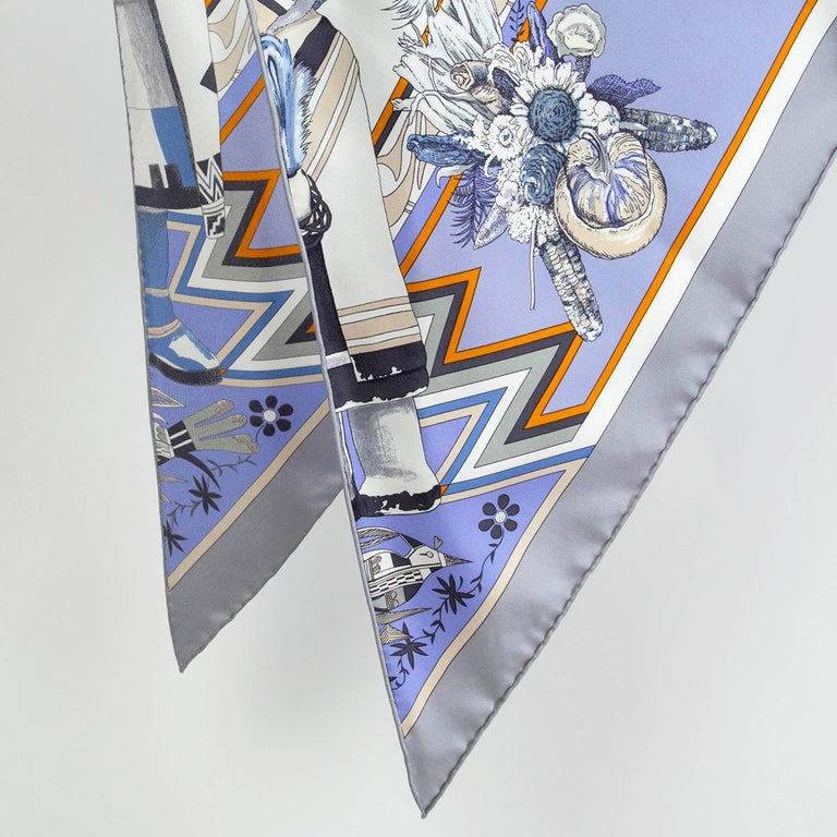 HERMES purple silk KACHINAS GIANT TRIANGLE TWILL Scarf Vert Mauve Gris ...