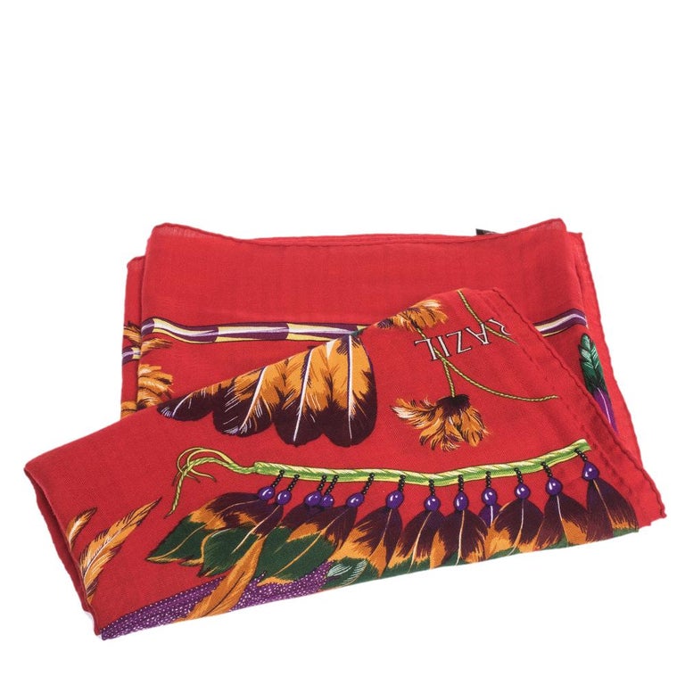 Hermes Red Brazil Print Cashmere and Silk Giant Shawl at 1stDibs