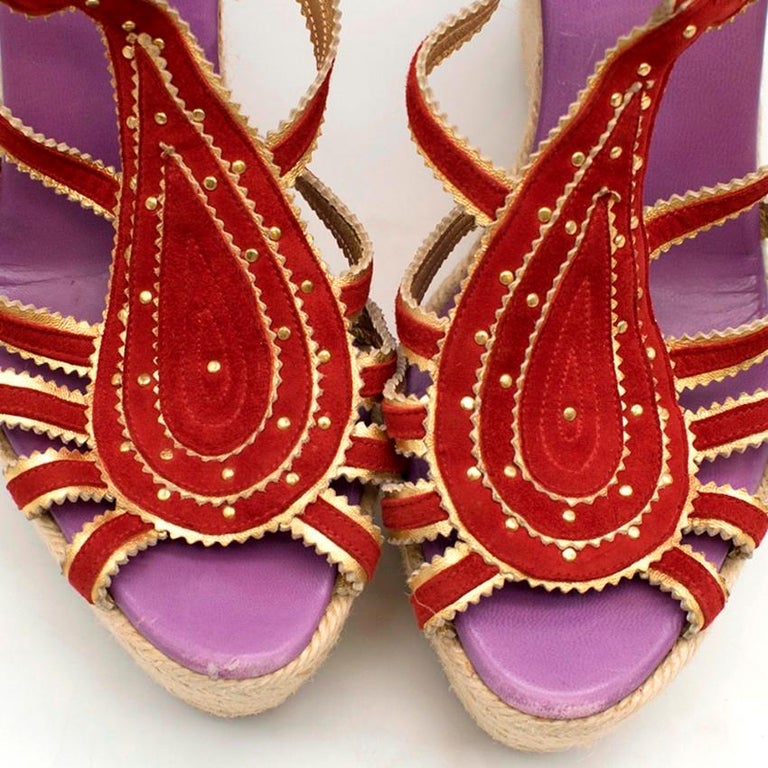 Hermes Red Embroidered Espadrille Wedges 39 at 1stDibs