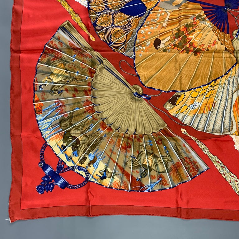 HERMES Red Gold Fan Silk Brise de Charme Scarf For Sale at 1stDibs