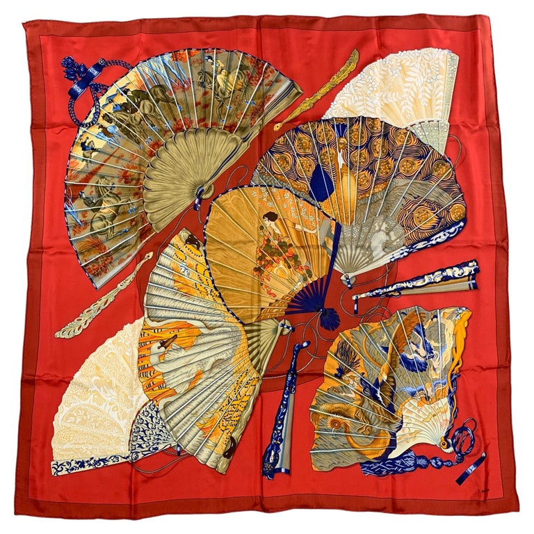 HERMES Red Gold Fan Silk Brise de Charme Scarf For Sale at 1stDibs