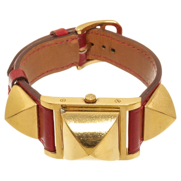 Hermes Red Gold-Plated and Leather Medor Quartz Watch at 1stDibs