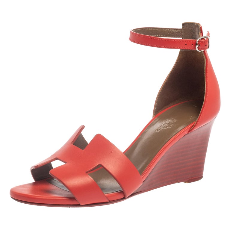 Hermes Red Leather Legend Ankle Strap Wedge Sandals Size 37 at 1stDibs