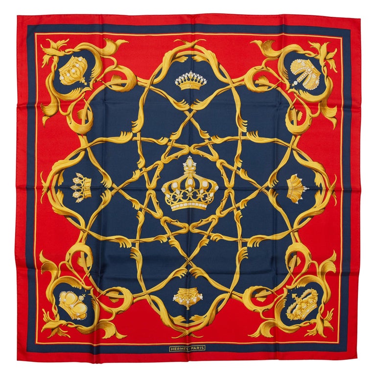 Hermes Red and Multicolor Couronnes Print Silk Scarf For Sale at 1stDibs