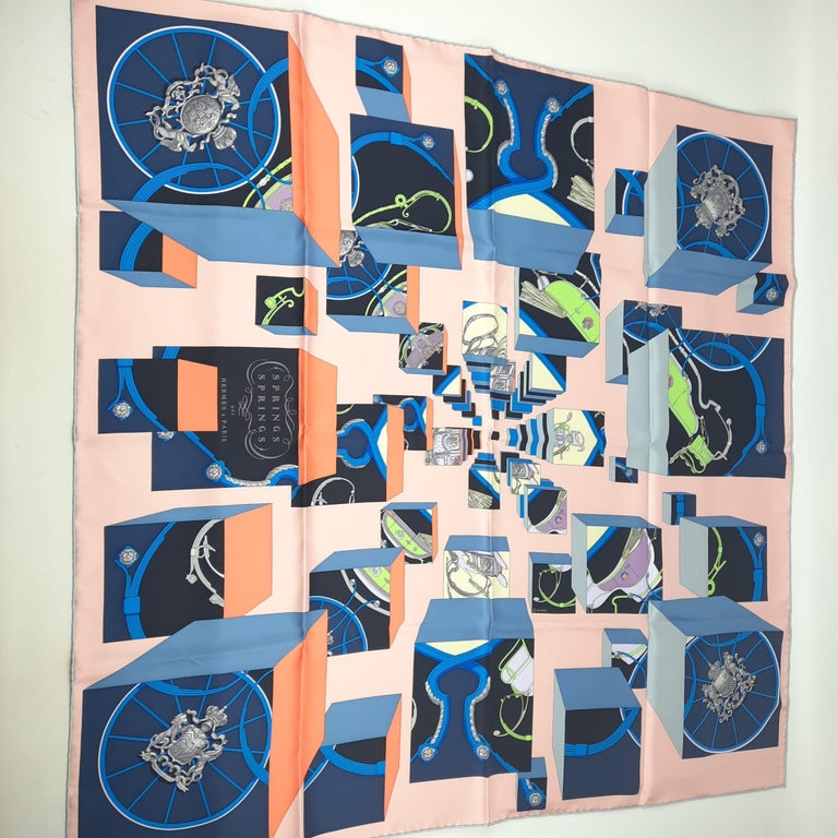 Hermes Rose Poudré / Bleu / Saumon Springs Springs scarf 90 For Sale at ...