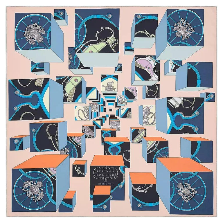 Hermes Rose Poudré / Bleu / Saumon Springs Springs scarf 90 For Sale at ...