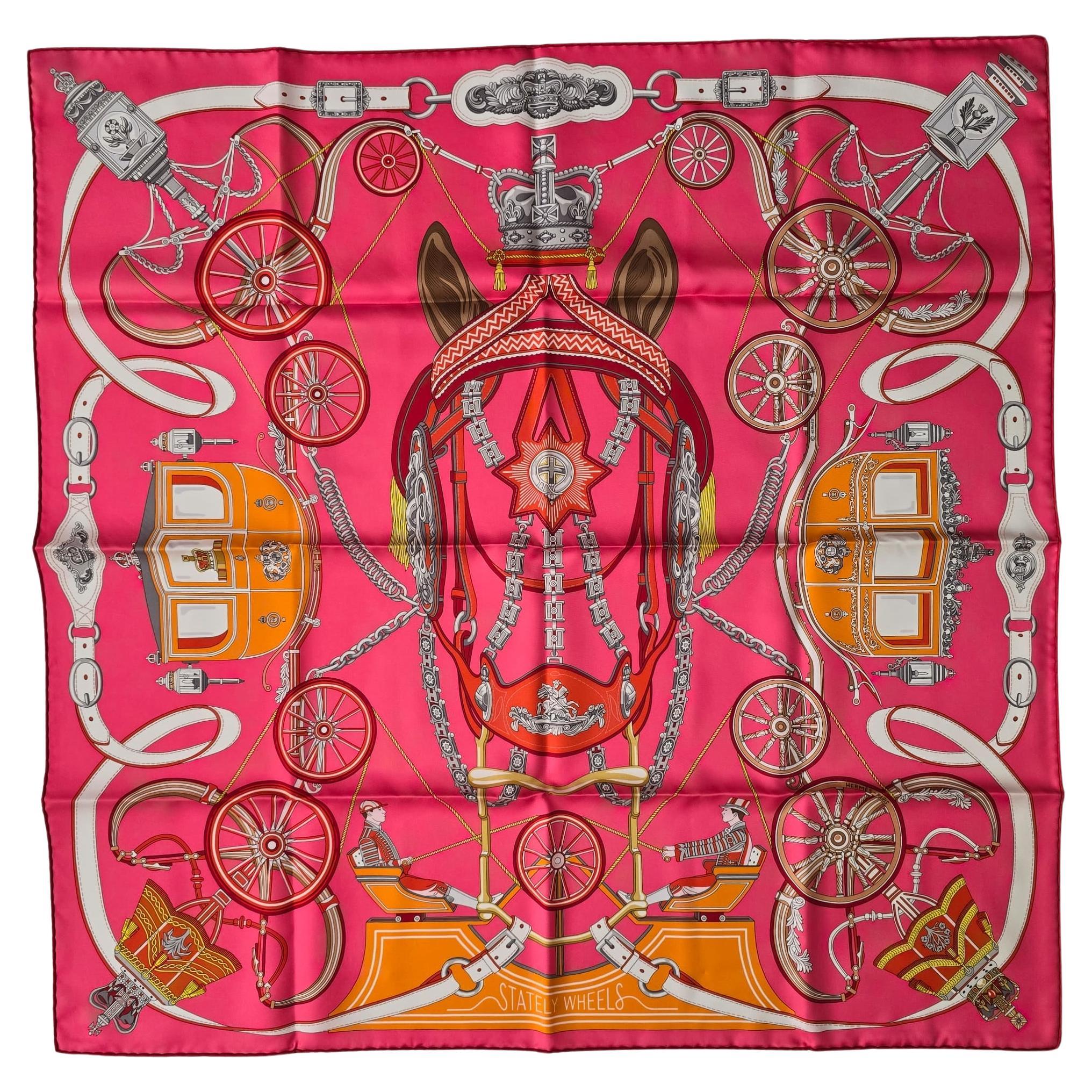 Hermes Rose vif, rouge and orange silk Stately Wheels scarf 90 For Sale ...