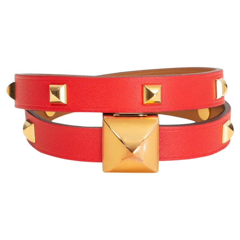HERMES Rouge de Coeur red leather INFINI CLOUTE DOUBLE TOUR Bracelet T3 ...
