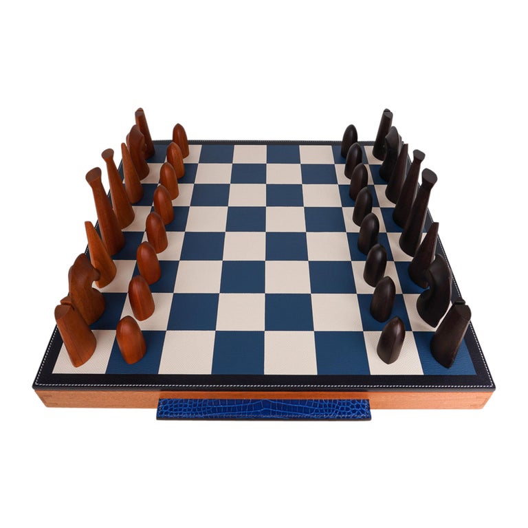 Hermes Samarcande Chess Set Sycamore Mahogany Crocodile Handles New w ...