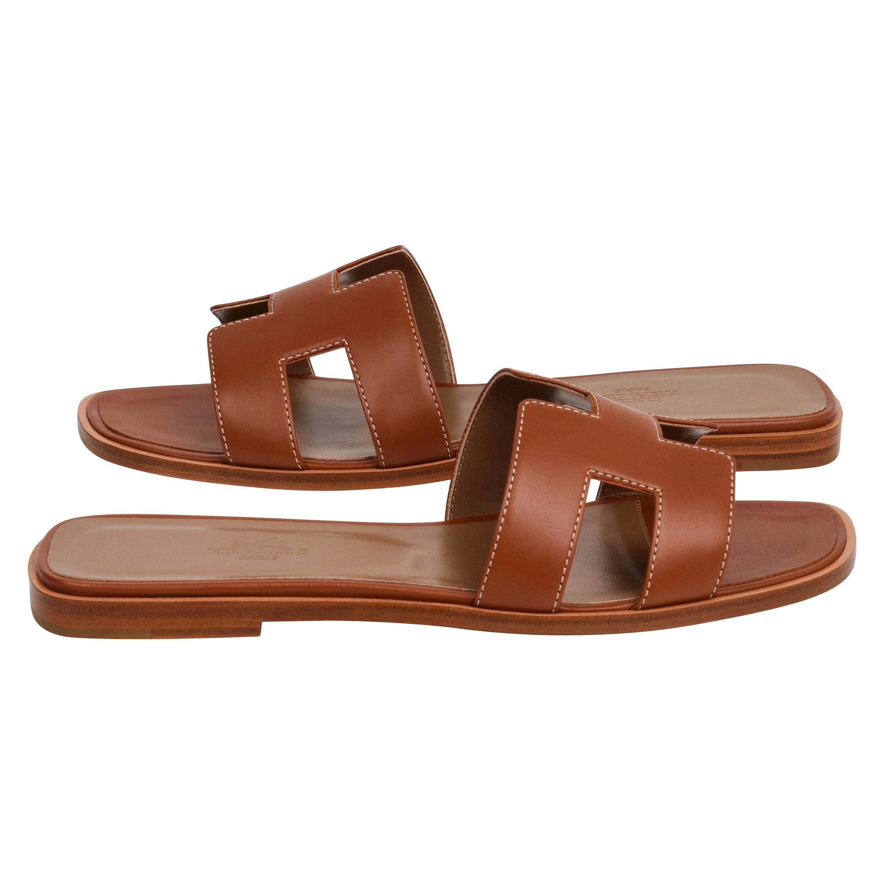 Hermes Sandal Flat Oran Gold Box Calfskin 38 / 8 New w/ Box at 1stDibs ...