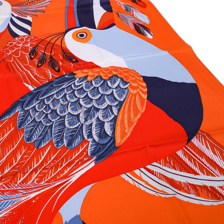 Hermes Scarf Toucans De Paradis 90 Orange / Marine / Ciel Silk Twill 90 New/Box at 1stDibs ...