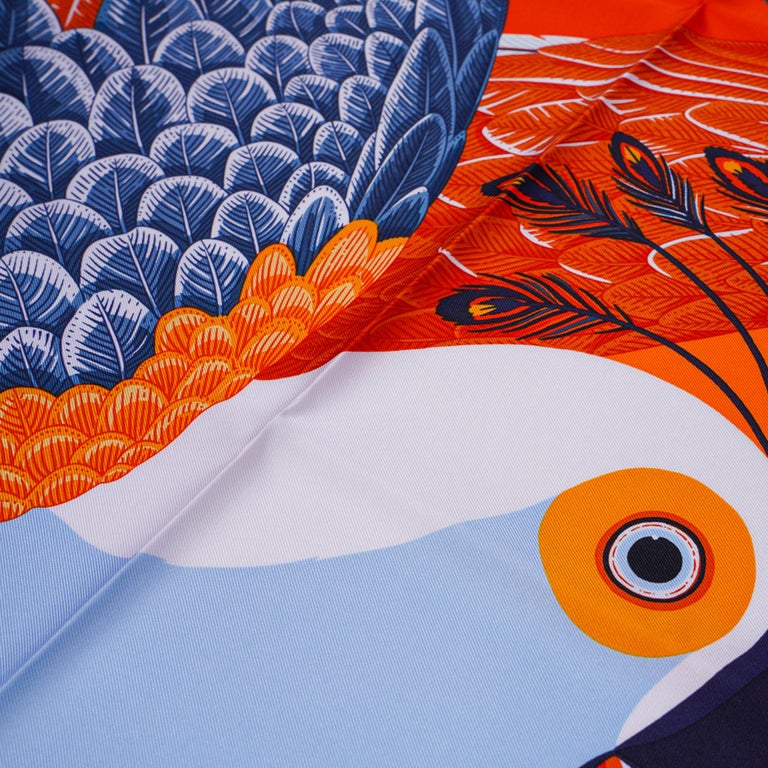 Hermes Scarf Toucans De Paradis 90 Orange / Marine / Ciel Silk Twill 90 New/Box at 1stDibs ...