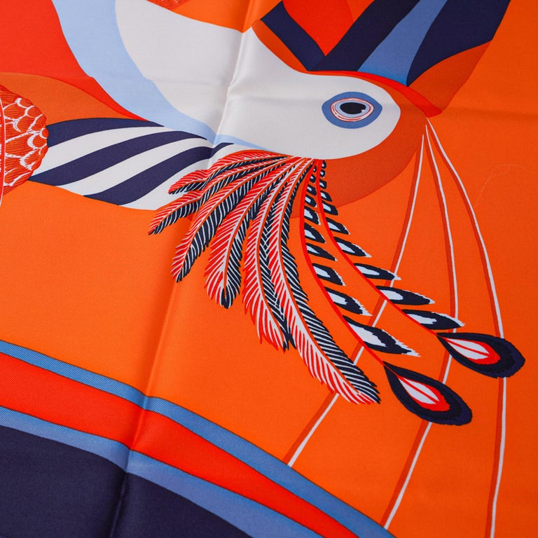 Hermes Scarf Toucans De Paradis 90 Orange / Marine / Ciel Silk Twill 90 New/Box at 1stDibs ...
