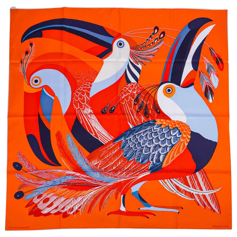 Hermes Scarf Toucans De Paradis 90 Orange / Marine / Ciel Silk Twill 90 New/Box at 1stDibs ...