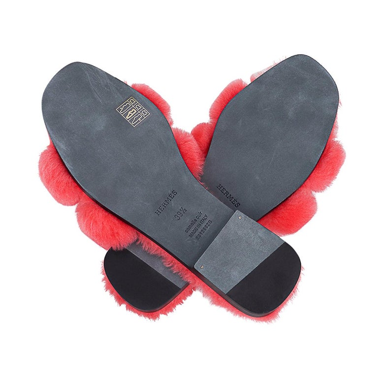 Hermes Shearling Oran Rose Du Desert Sandal Limited Edition Flats 39.5 ...