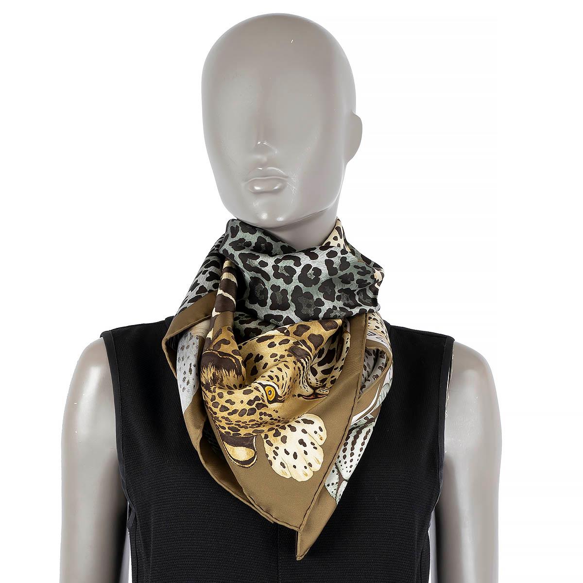 HERMES silk LAZY LEOPARDESSES 90 Scarf Kaki Fonce Anthracite Beige For ...