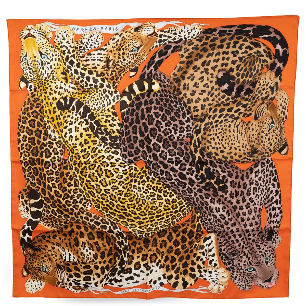 HERMES silk LAZY LEOPARDESSES 90 Scarf Potiron Brun Miel For Sale at ...