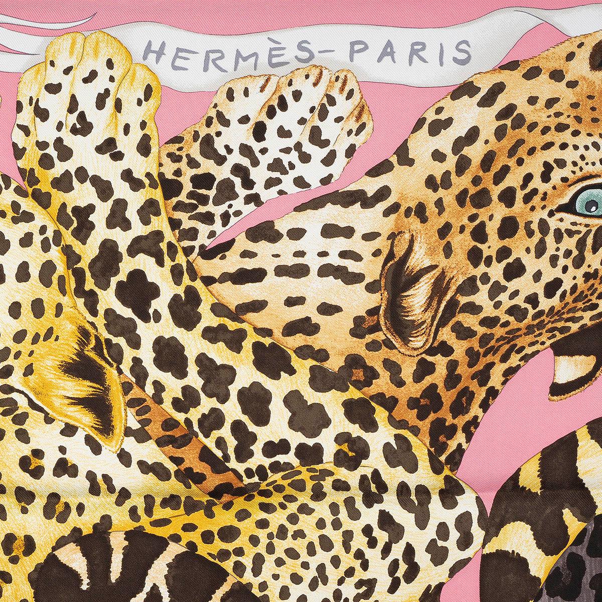 HERMES silk LAZY LEOPARDESSES 90 Scarf Rose Vif Anthracite Miel For ...
