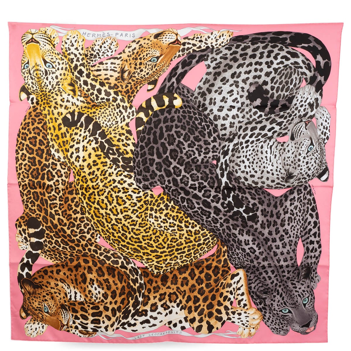 HERMES silk LAZY LEOPARDESSES 90 Scarf Rose Vif Anthracite Miel For ...