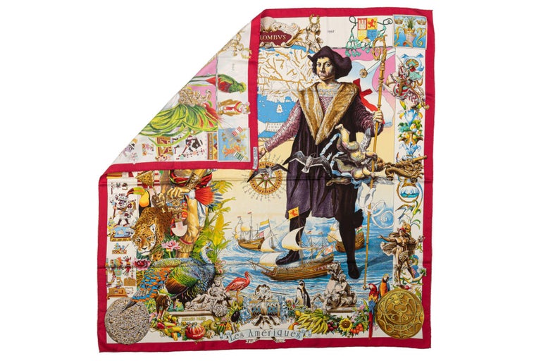 Hermes Silk Rare Colombus Red Scarf For Sale at 1stDibs