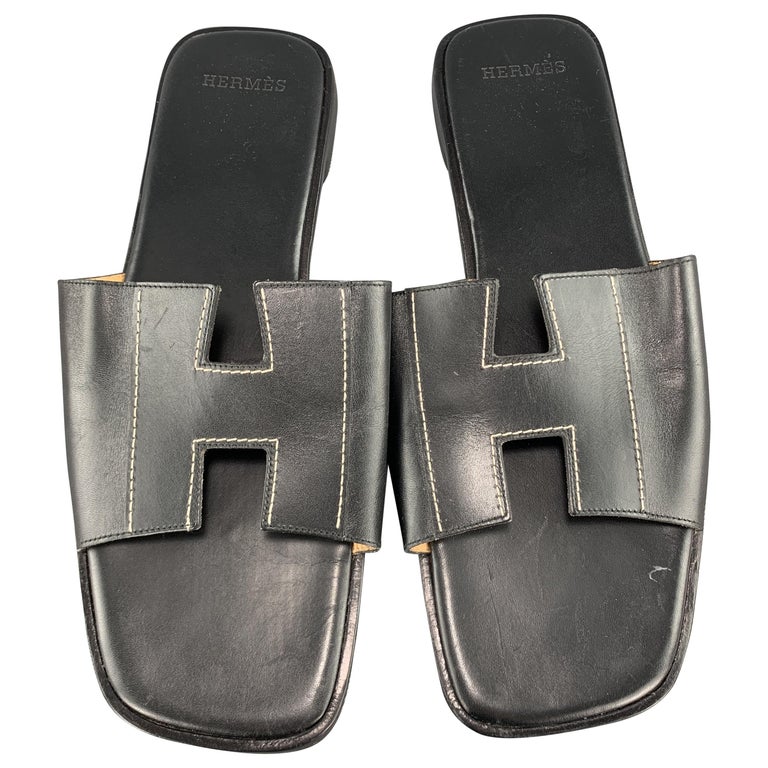 HERMES Size 9 Black Contrast Stitch Leather Slip On H Strap Sandals at ...