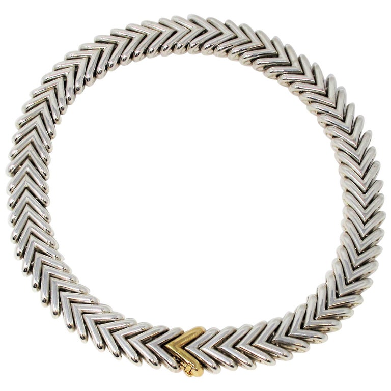 Hermes Sterling Silver and 18 Karat Yellow Gold Chevron Link Necklace ...