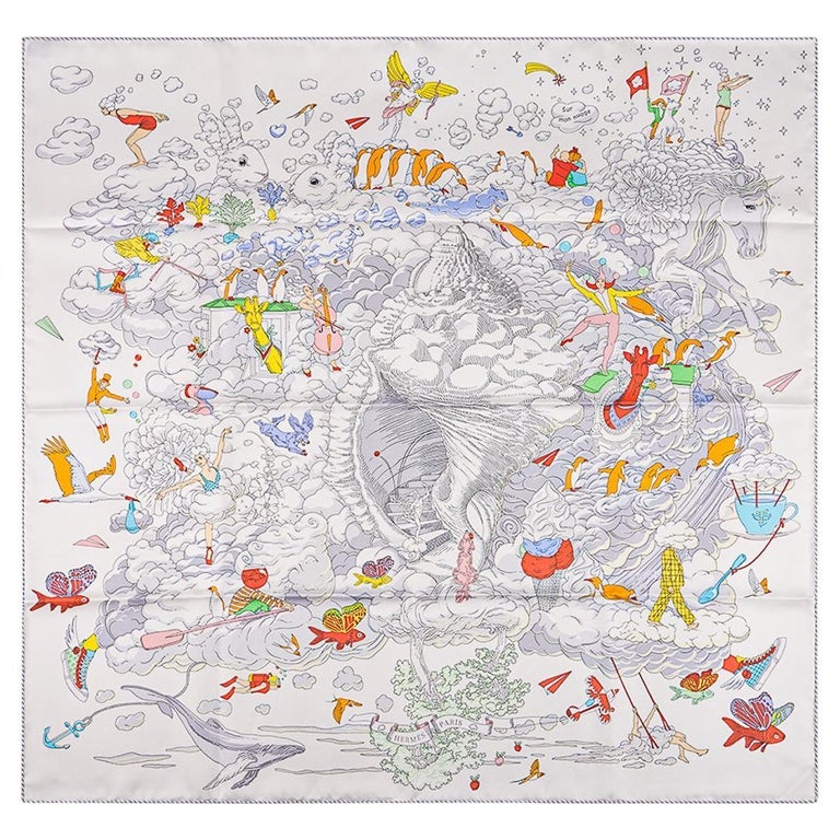 Hermes Sur Mon Nuage Creme/ Bleu Clair/ Silk Scarf 90 For Sale at 1stDibs