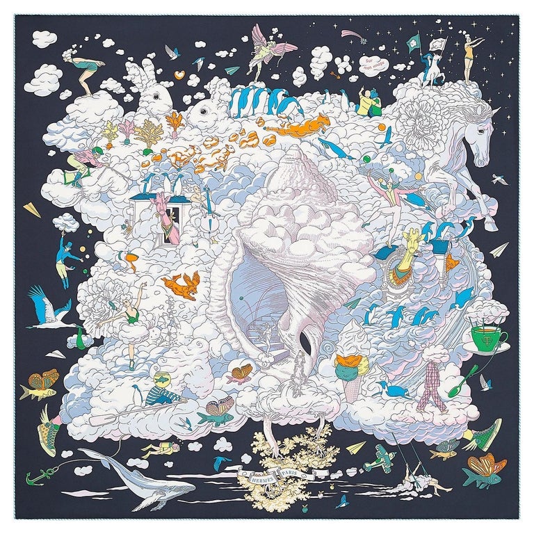 Hermes Sur Mon Nuage scarf 90 Bleu Noir / Mauve / Multicolore Silk For ...