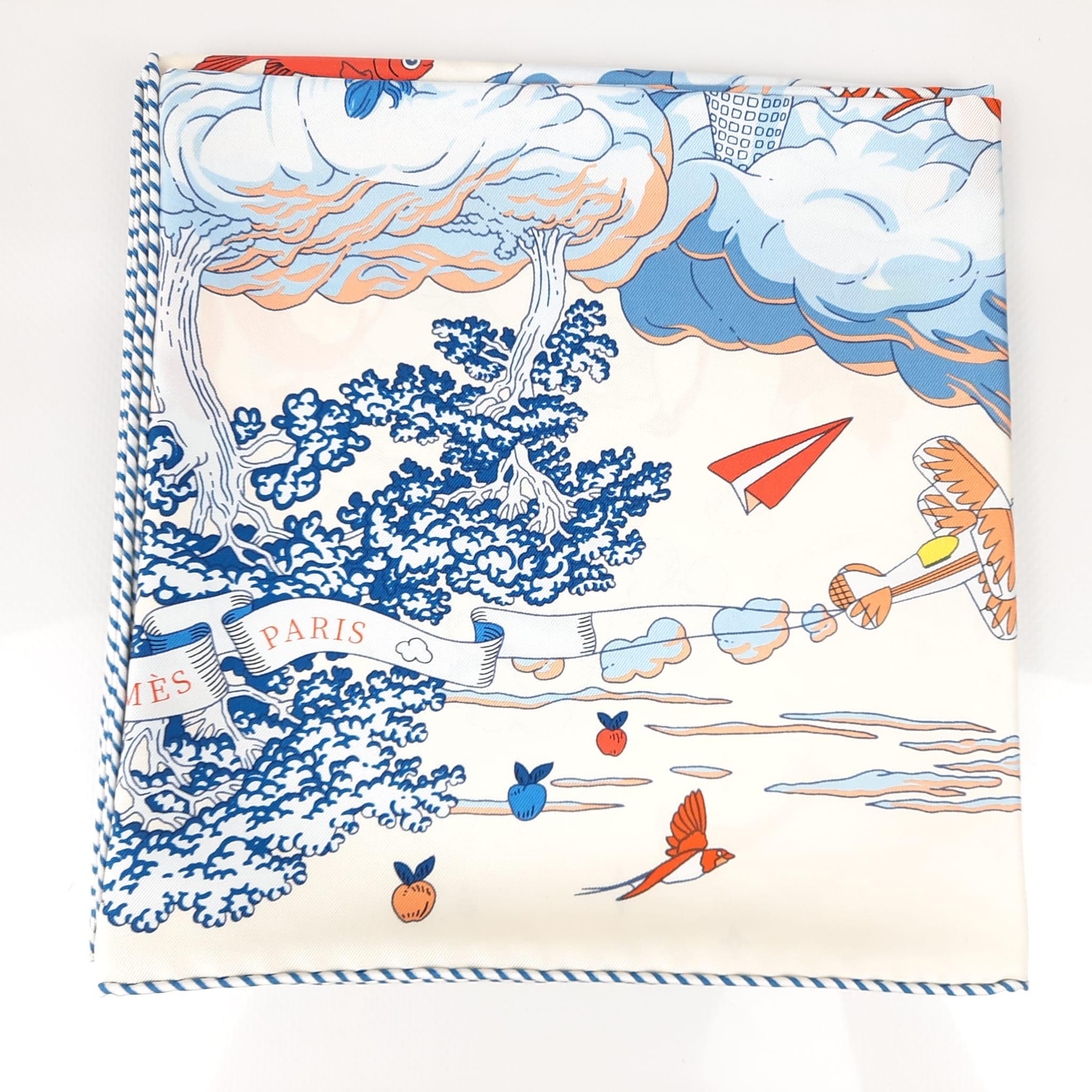Hermes Sur Mon Nuage scarf 90 Crème / Bleu Clair / Multicolore Silk For ...