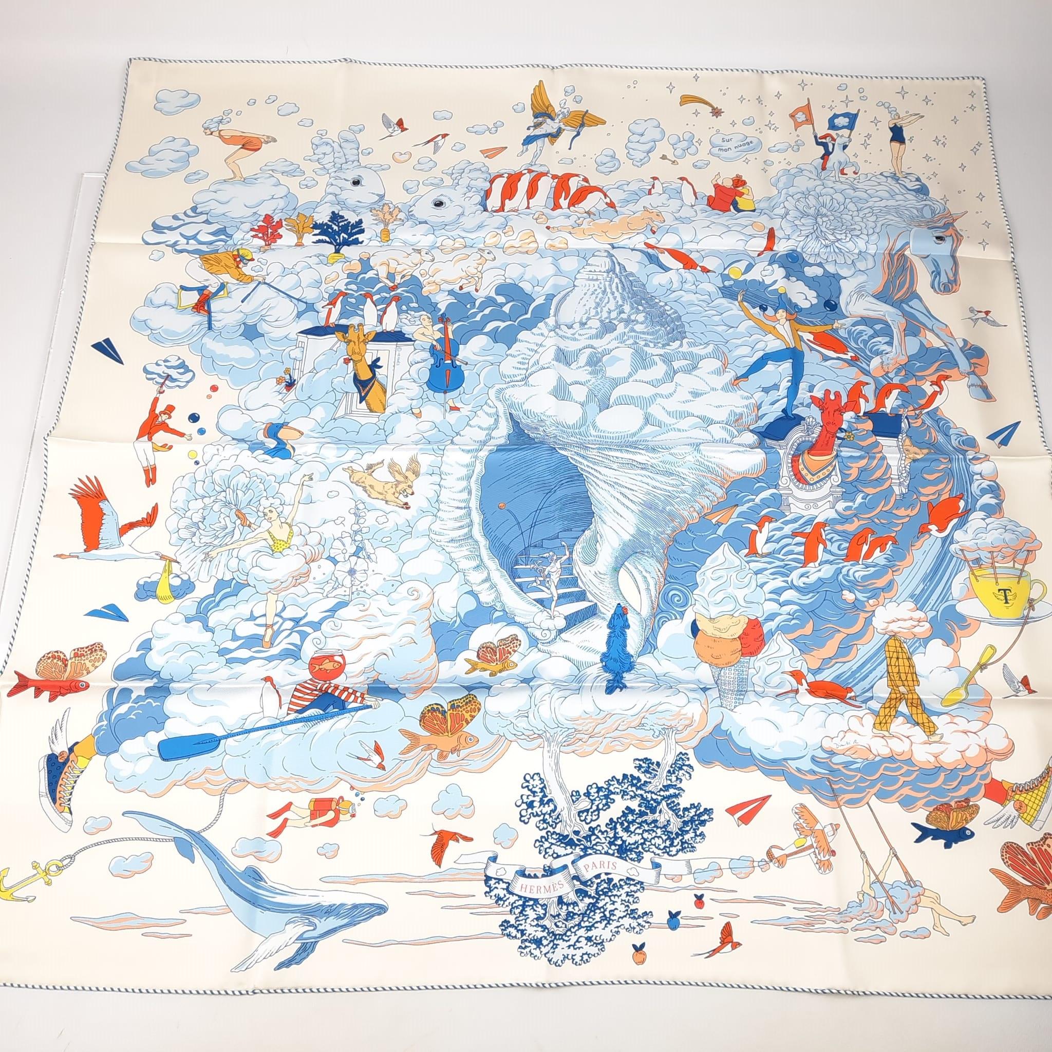 Hermes Sur Mon Nuage scarf 90 Crème / Bleu Clair / Multicolore Silk For ...