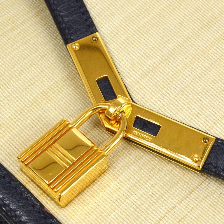 HERMES Tan Crinoline Blue Navy Ostrich Exotic Trim Gold Shoulder Flap ...