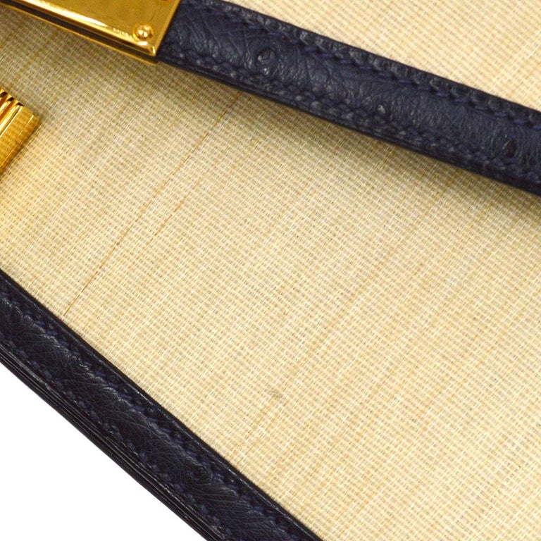 HERMES Tan Crinoline Blue Navy Ostrich Exotic Trim Gold Shoulder Flap ...
