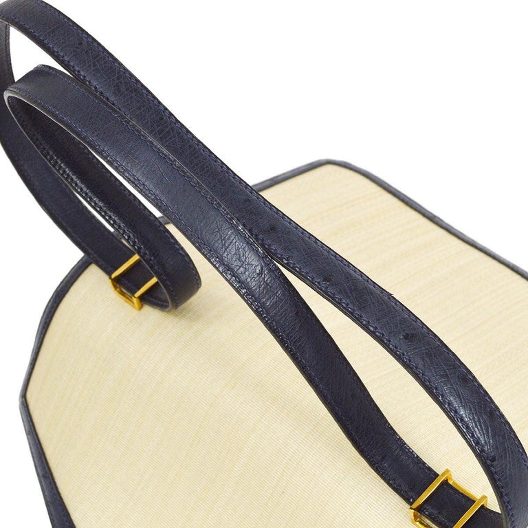 HERMES Tan Crinoline Blue Navy Ostrich Exotic Trim Gold Shoulder Flap ...