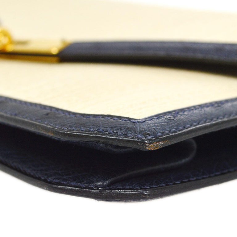 HERMES Tan Crinoline Blue Navy Ostrich Exotic Trim Gold Shoulder Flap ...
