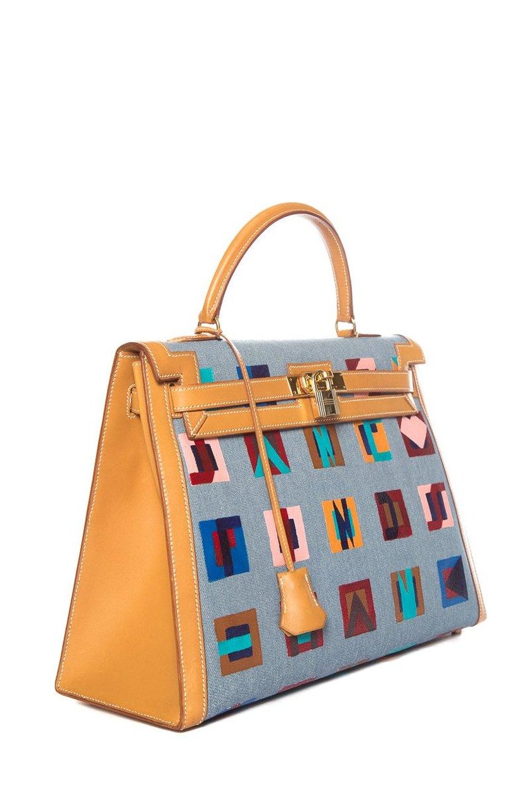 Hermes Tan Leather and Painted Denim Kelly 35cm For Sale at 1stDibs