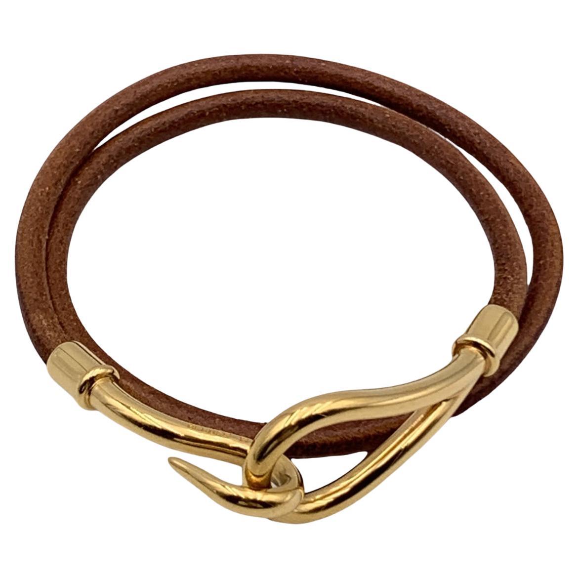 Hermes Tan Leather Double Tour Gold Metal Jumbo Hook Bracelet For Sale ...