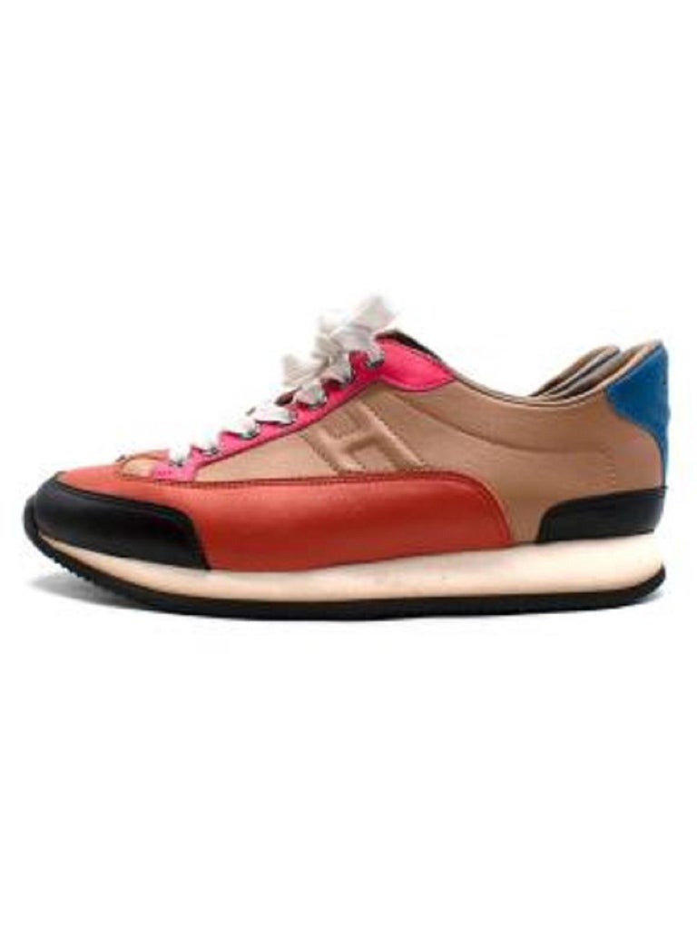 Hermes Tan, Pink and Blue Leather Trail Trainers For Sale at 1stDibs
