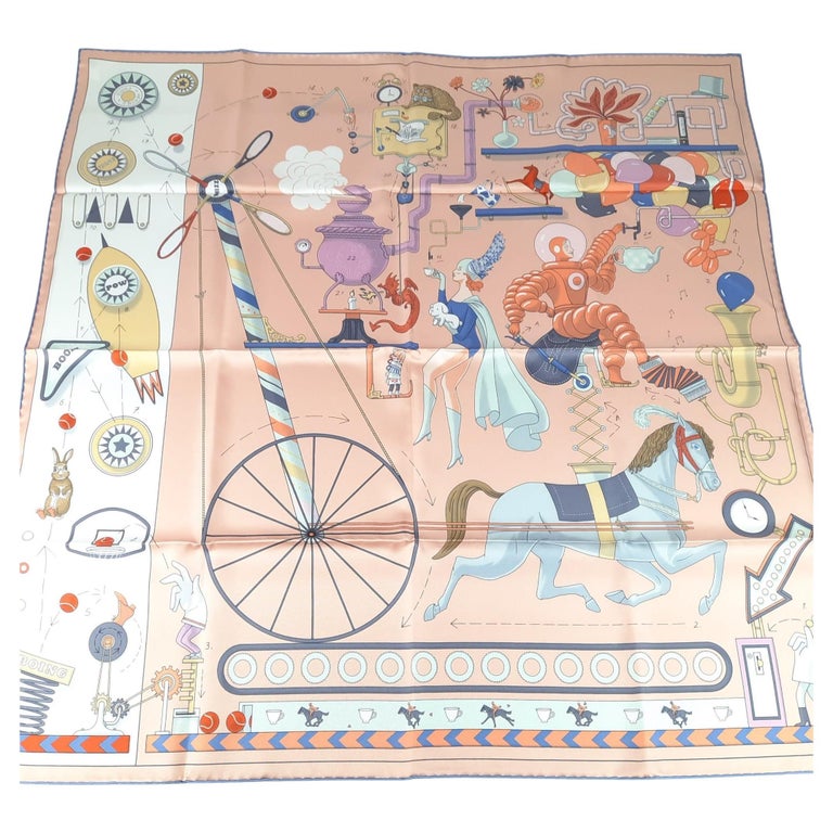 Hermes Tea For Two Scarf 90 Silk Rose Poudré / Blanc / Bleu For Sale at ...