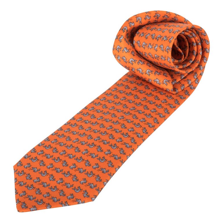 Hermes Tie Cabrioles Rabbit Orange Vif / Gris New w/ Box at 1stDibs ...