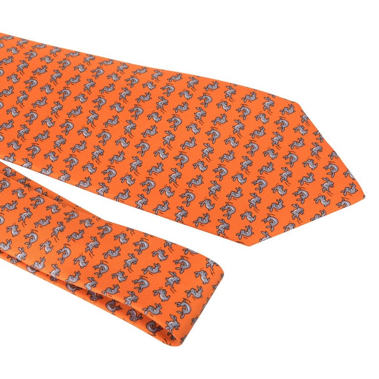 Hermes Tie Cabrioles Rabbit Orange Vif / Gris New w/ Box at 1stDibs ...