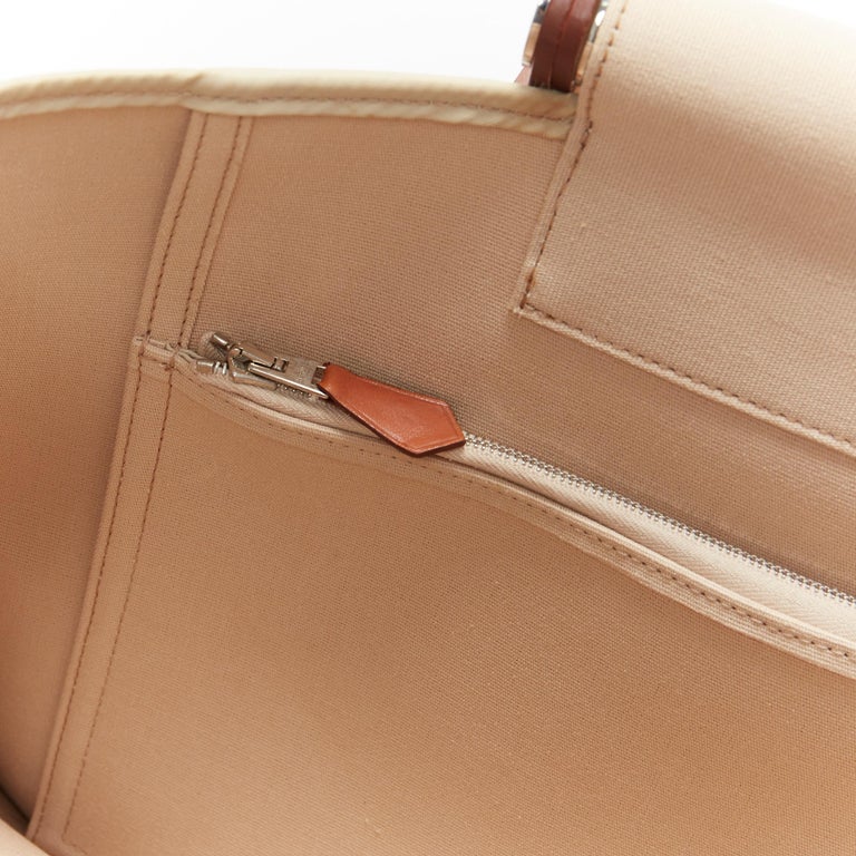HERMES Toile H Cabag Elan Etoupe canvas tan leather expandable shoulder ...