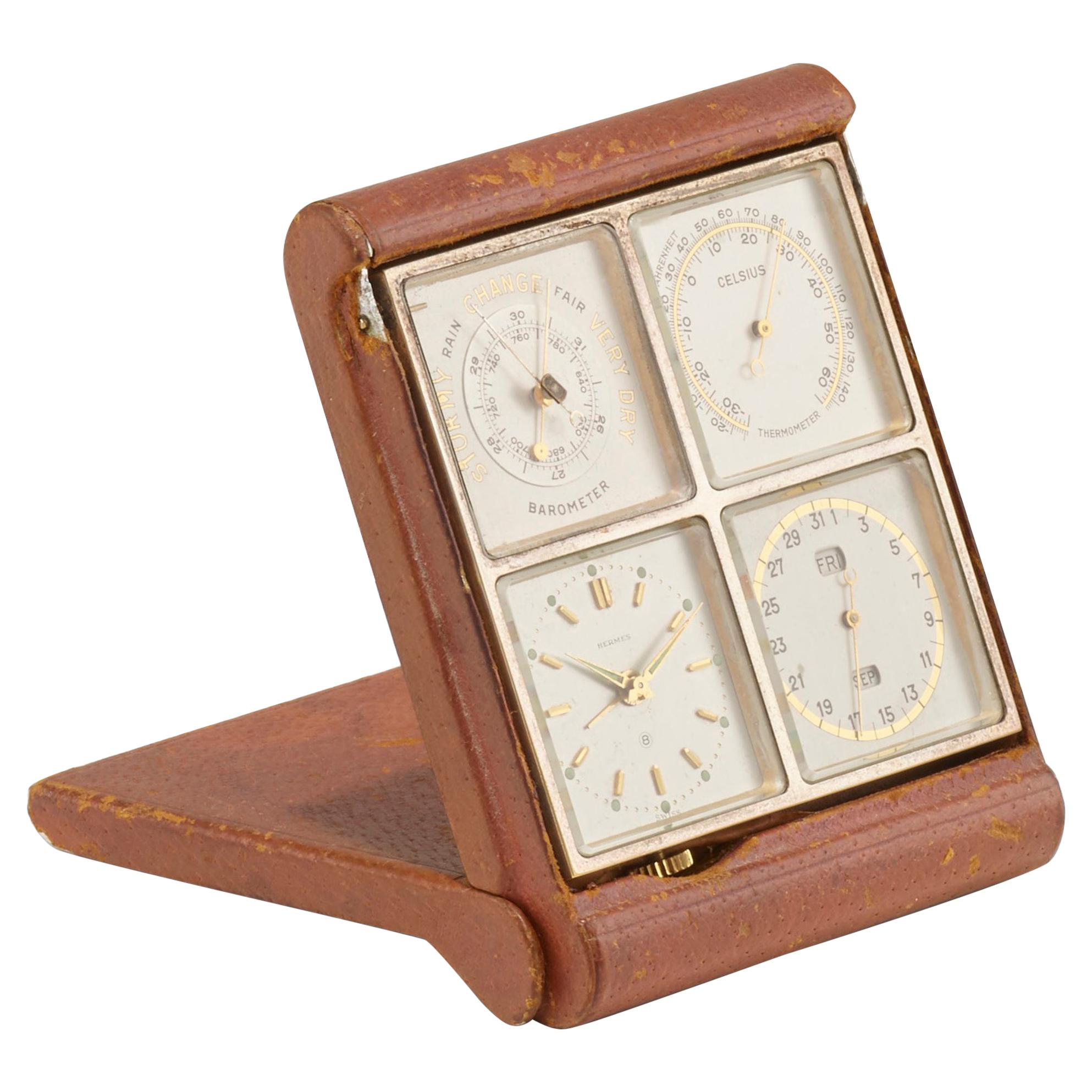 Adnet Style Brass and Leather 3 in 1, Clock, Thermometer and Barometer ...