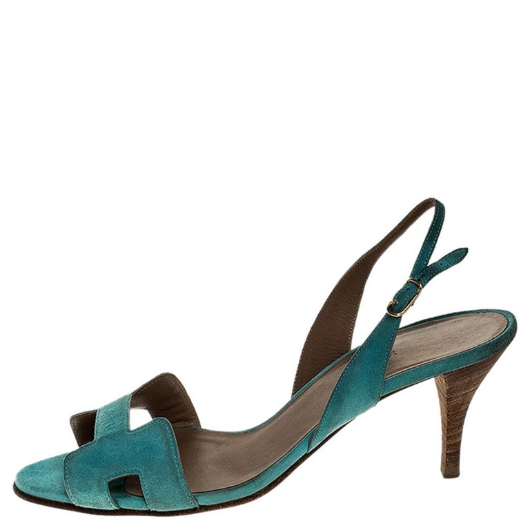 Hermes Turquoise Suede Night Slingback Sandals Size 38 For Sale at 1stDibs
