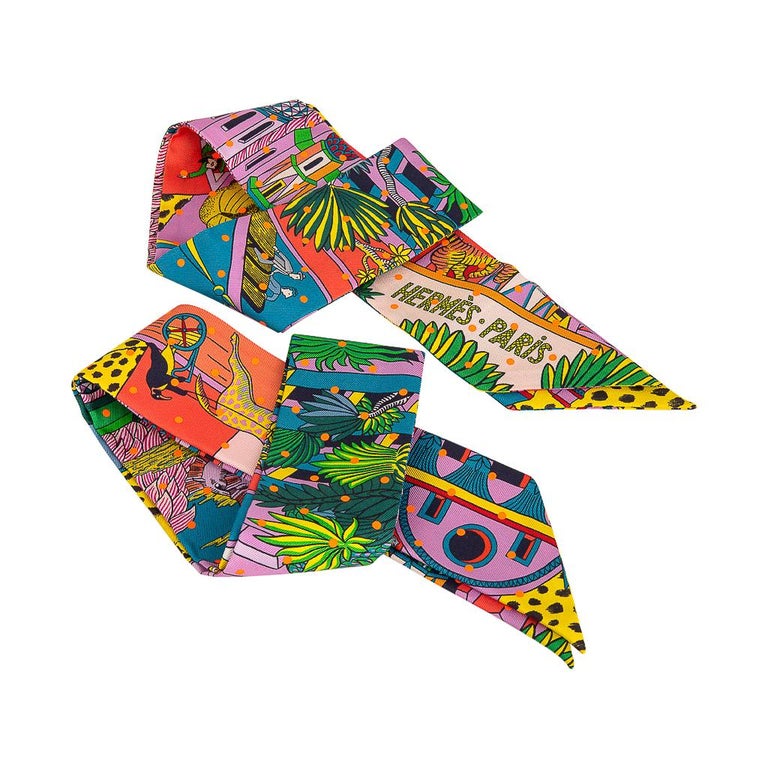 Hermes Twilly Animapolis Plumetis Silk Scarf Rose / Vert / Orange Set ...