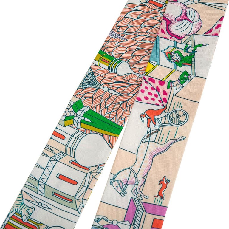 Hermes Twilly Animapolis Rose / Vert / Blanc Silk Scarf New w/Box at ...